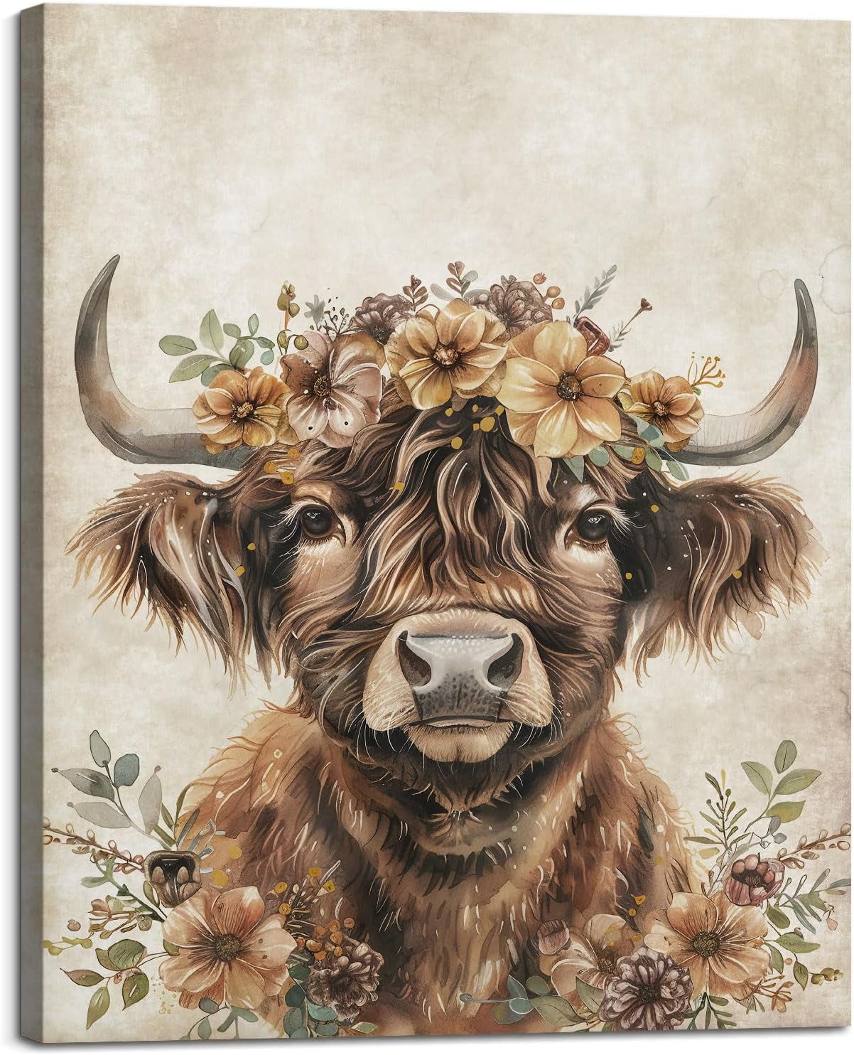 HFDF Highland Cow Wall Art Rustic Long Haired Scottish Cow with Flowers ...