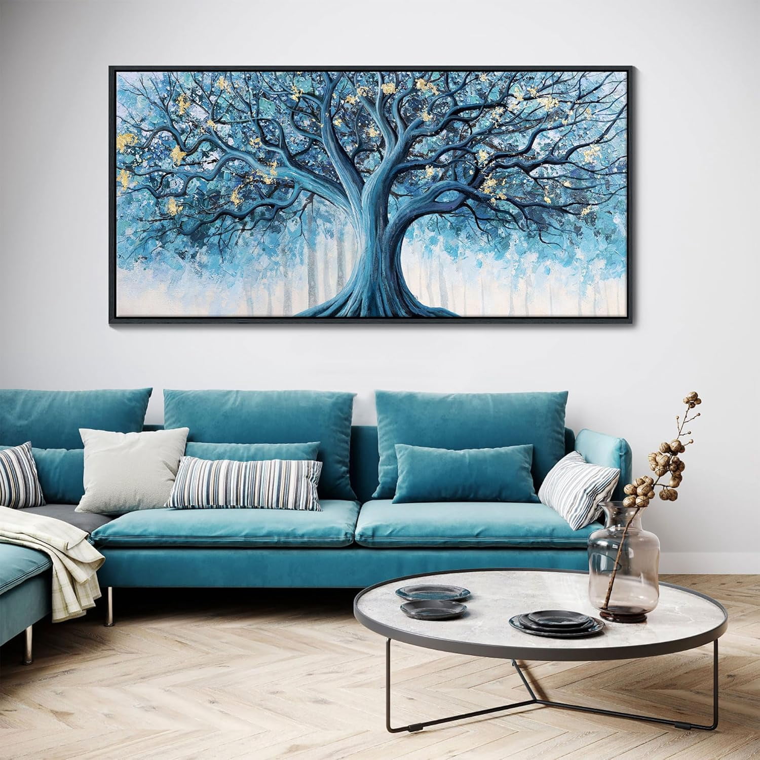 HFDF Navy Blue Canvas Wall Art - Blue and Gold Nature Wall Decor, Tree ...