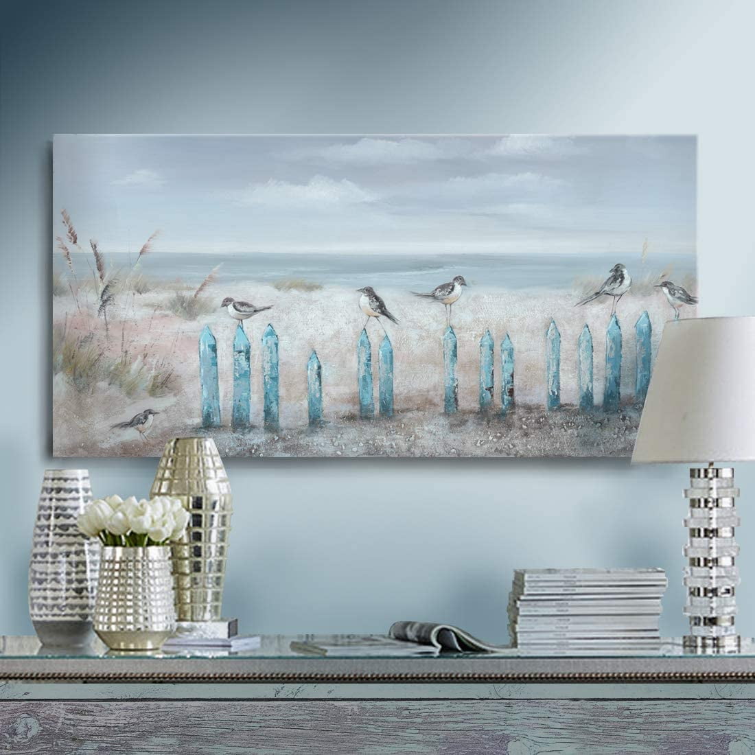 HFDF Ocean Beach Wall Art 3D Hand-Pated Seascape Oil Patg Perchg Bird ...