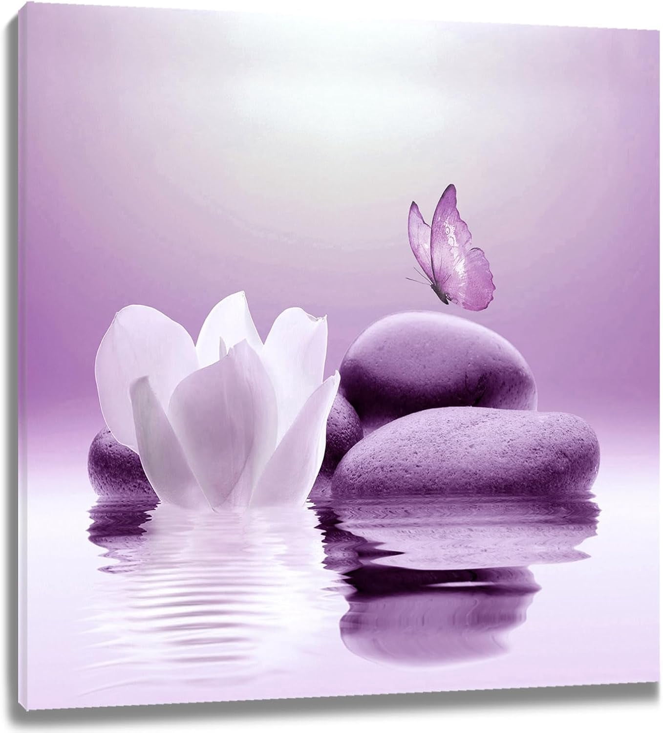 HFDF Purple Zen Canvas Wall Art Water Lily Flower and Butterfly on Lake ...