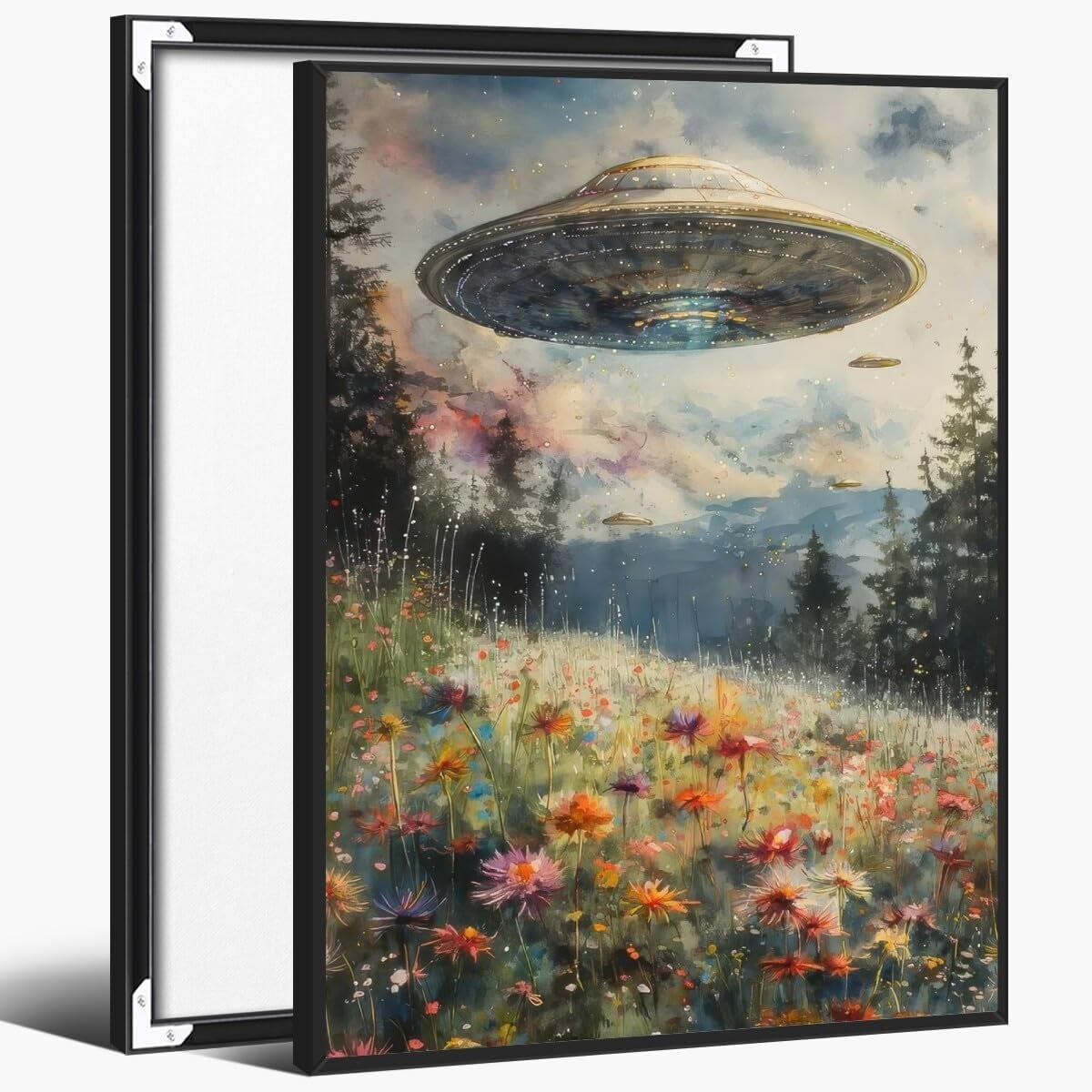 HFDF UFO Surreal Art Eclectic Wall Art Trippy Spaceship Posters Floral ...
