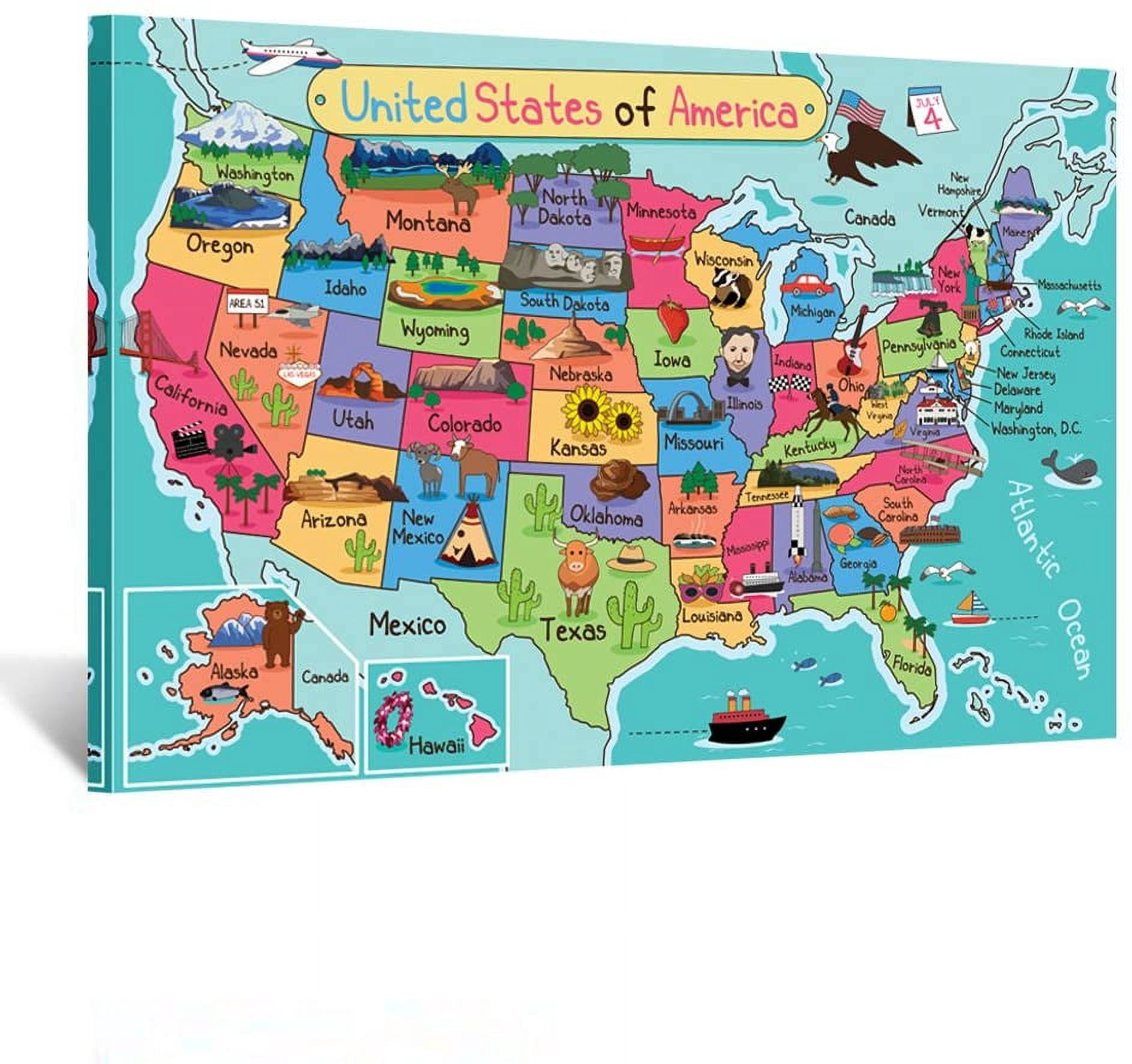 HFDF United States of America USA Kids Map Poster Art Prts Stretched ...