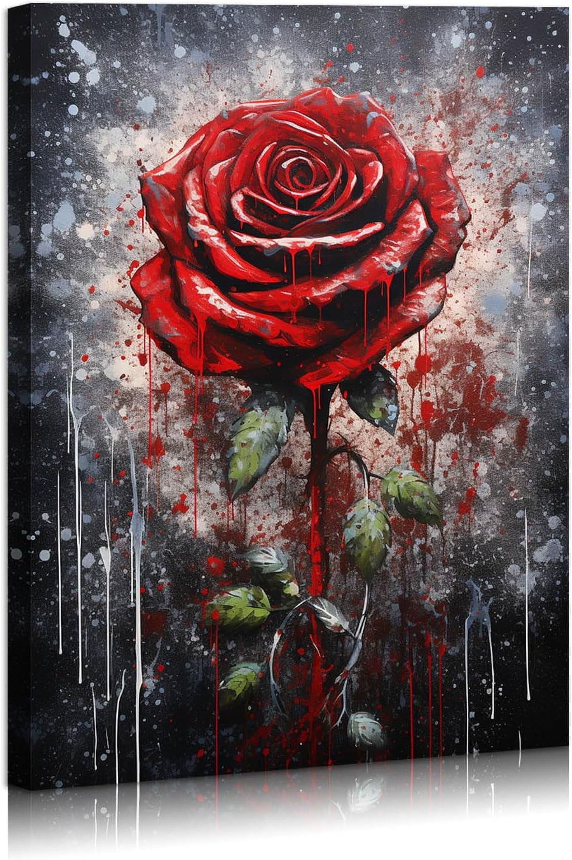 HFDF Vintage Rose Painting Canvas Wall Art Black And White Red Rose ...