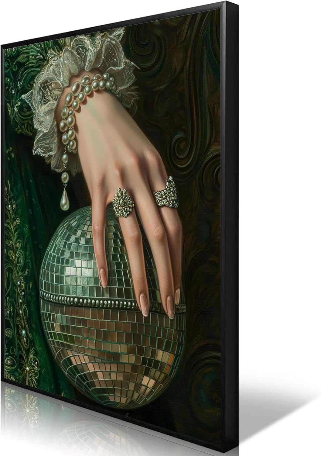 HFDF Vtage Green Disco Ball Prt, Altered Art Prt with Pearls, Gothic ...