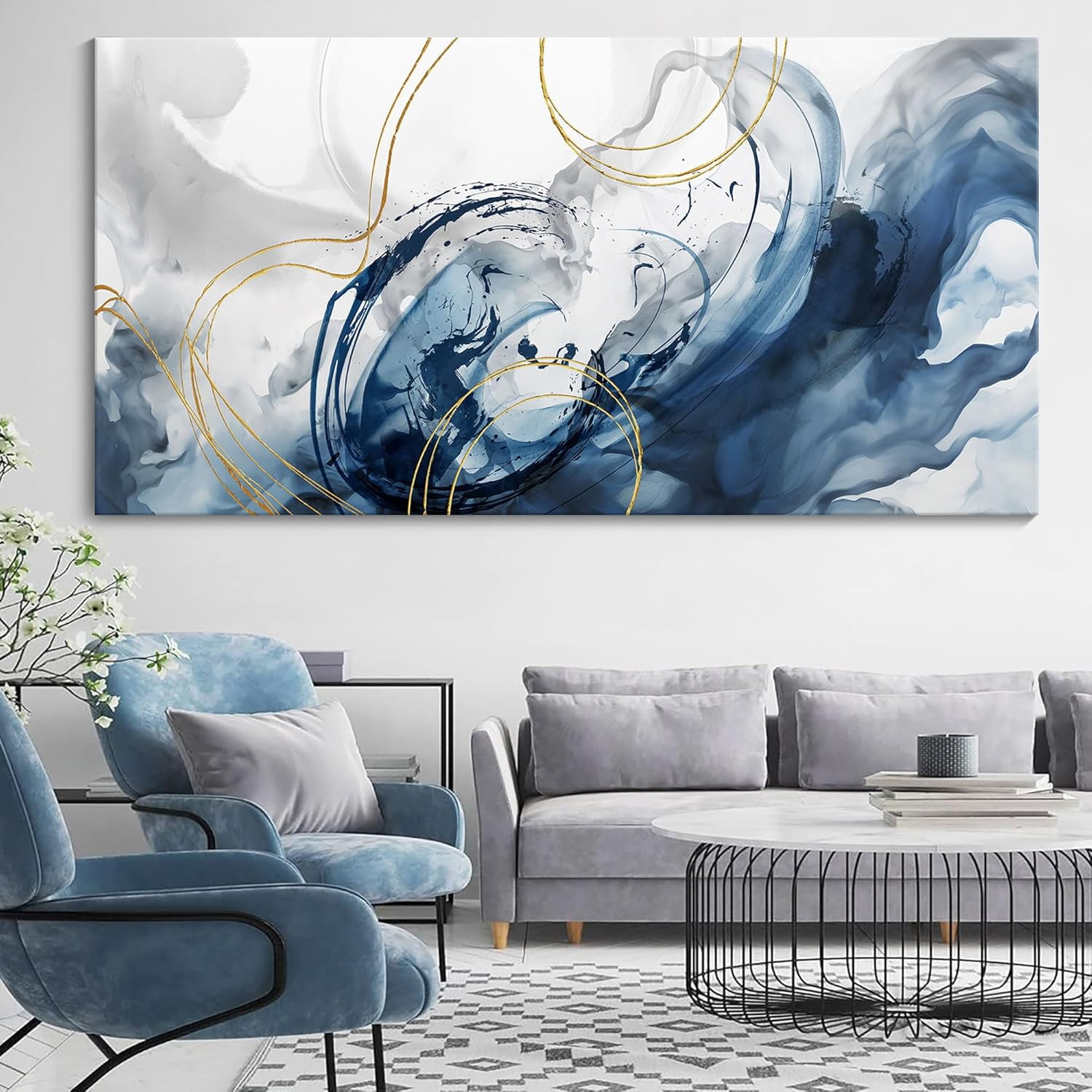 HFDF Wall Art Canvas Abstract Color Block Line Art Prints Apricot Cyan ...