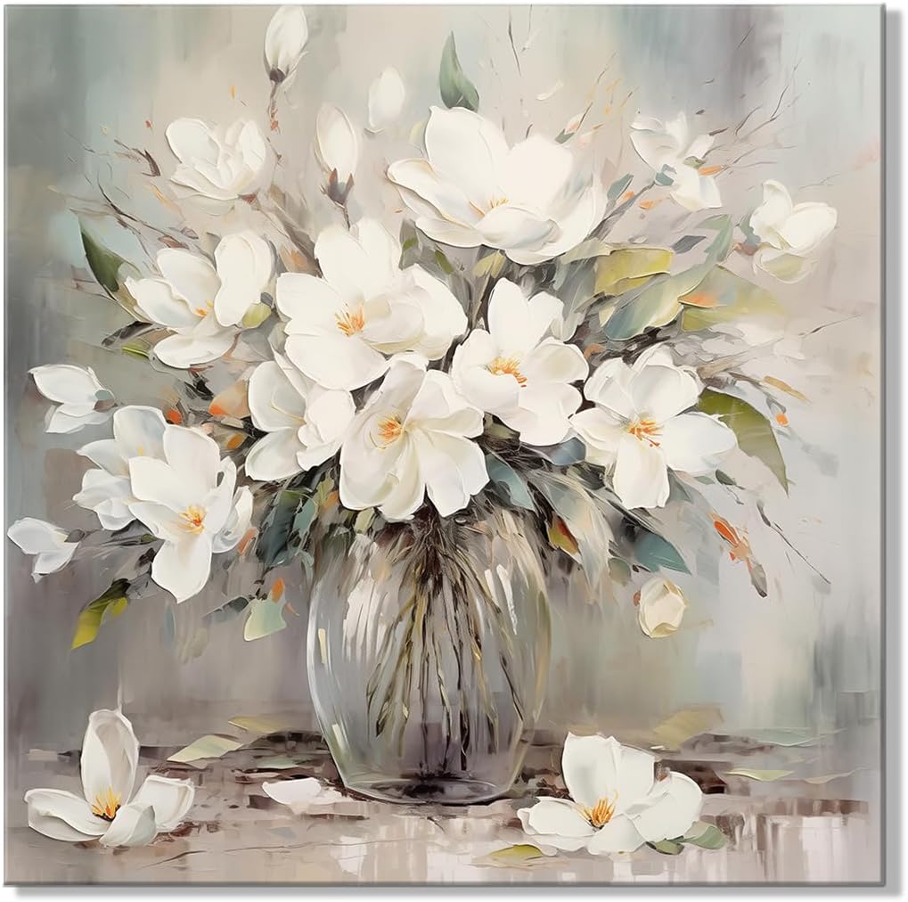 HFDF White Flower Canvas Wall Art, Vibrant Blossom Artwork Painting For ...