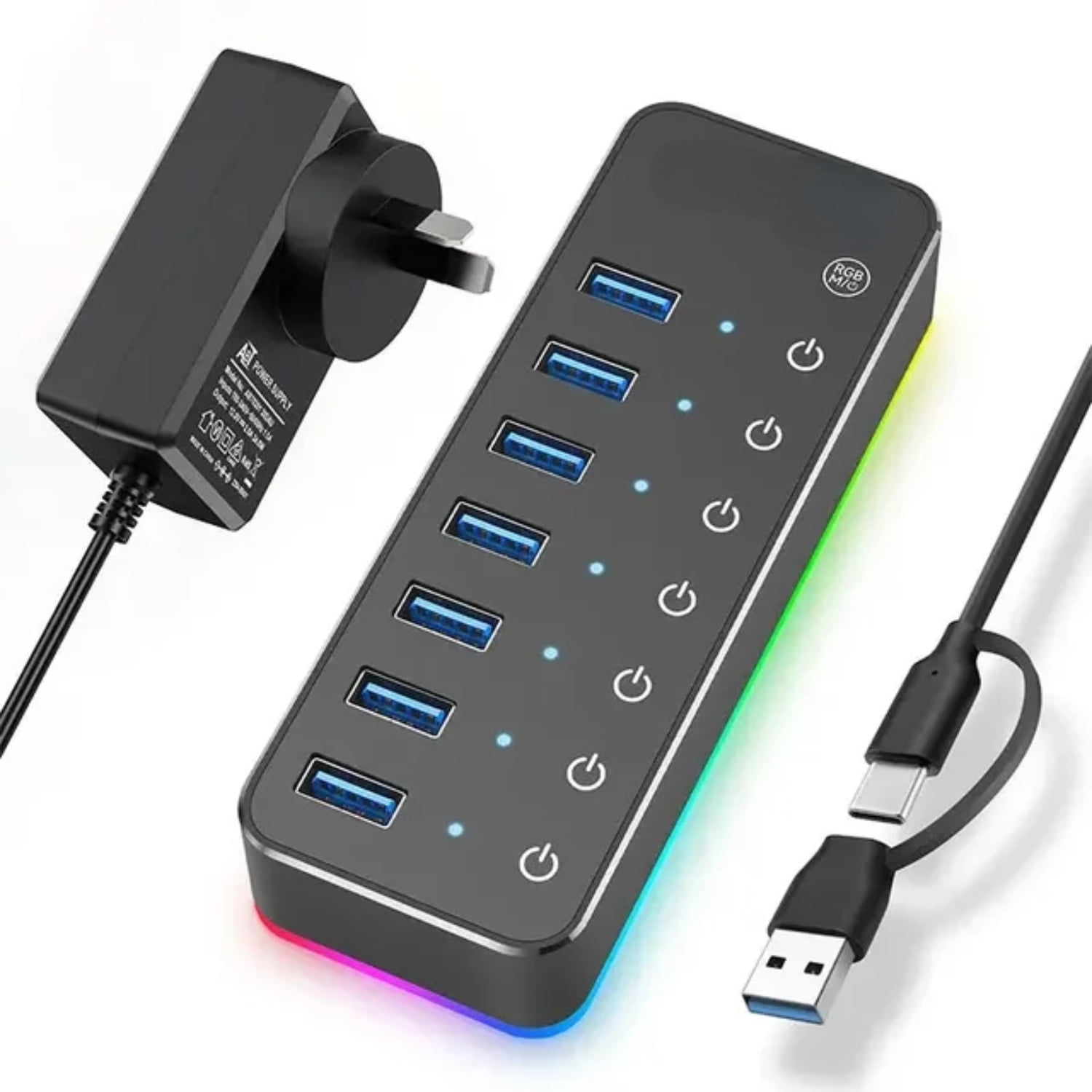 HFHMWL Aluminum Gaming USB Hub with RGB LED Strip - Powered 7 Port USB3 ...