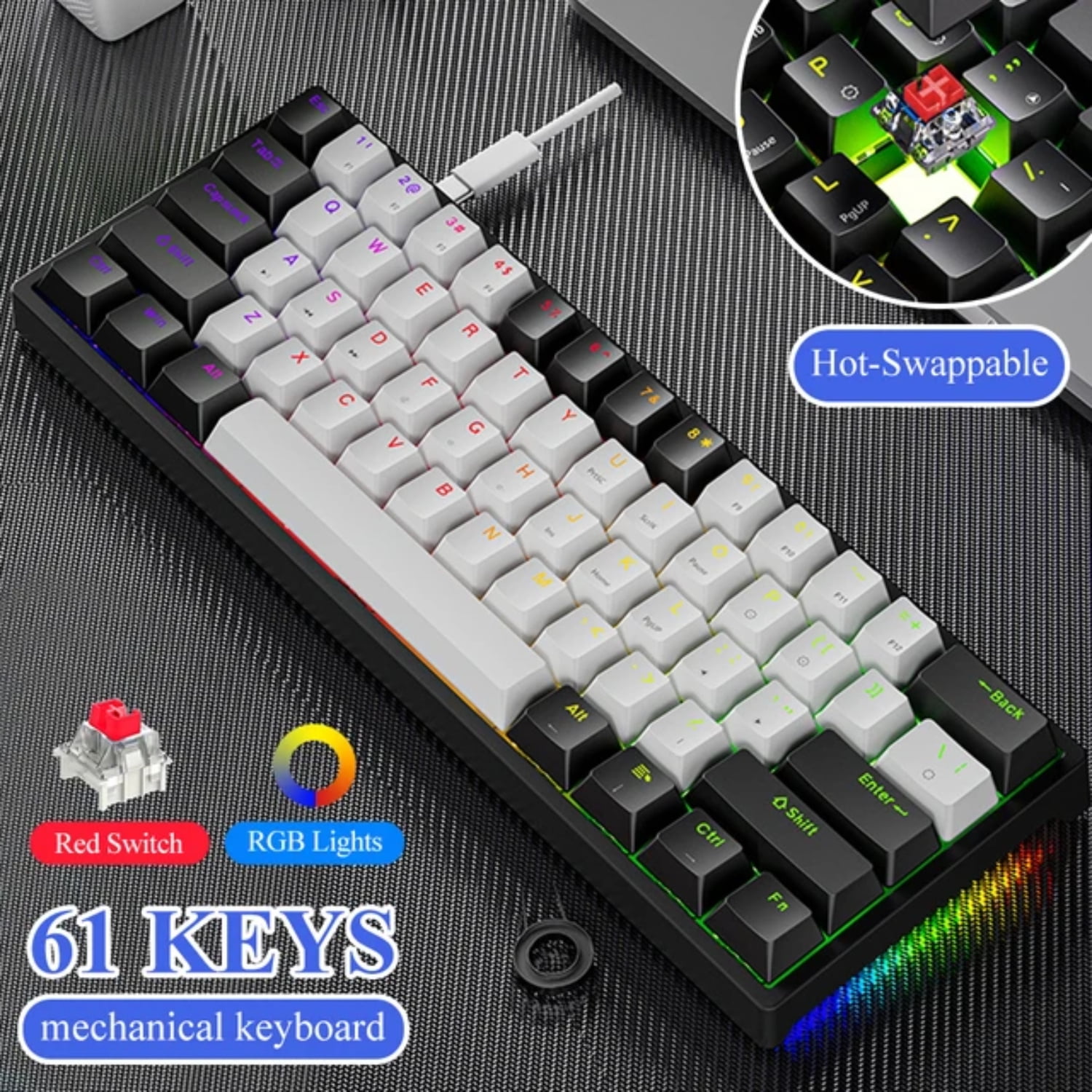 HFHMWL Compact Ergonomic RGB Backlit Gaming Keyboard with Blue/Red ...