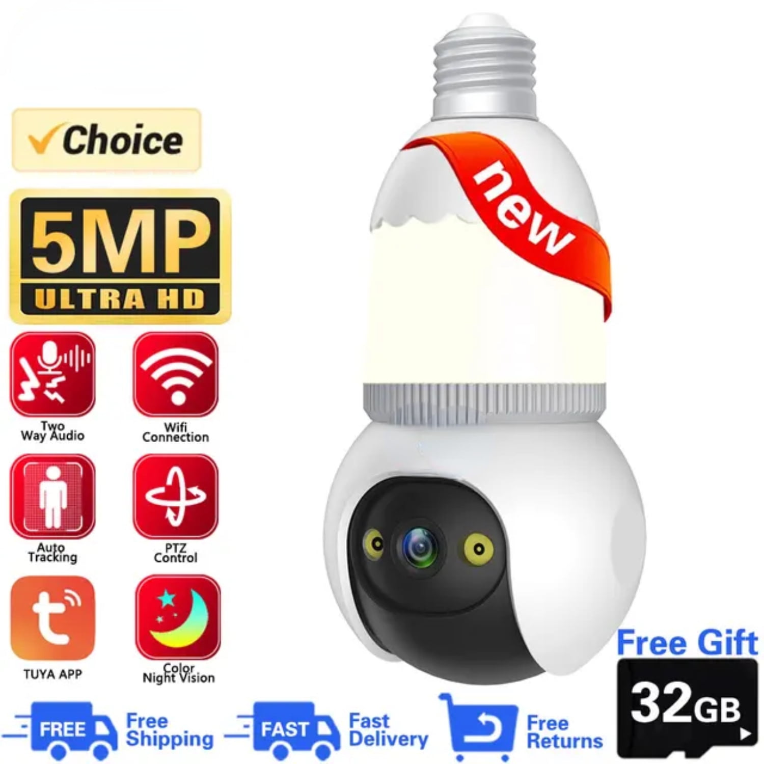 HFHMWL Enhanced 5MP WiFi Bulb Camera with AI Human Tracking for 2-in-1 ...