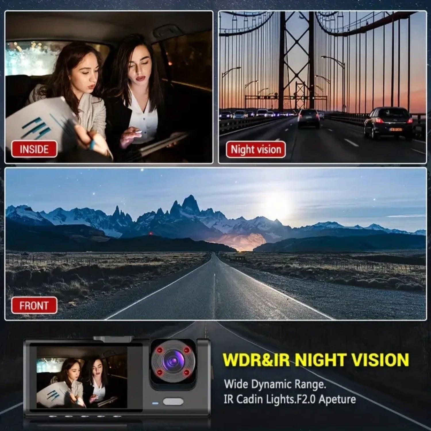 HFMENIW Advanced 1080P High Definition Dual Lens 3 Channel WiFi Car Cam ...