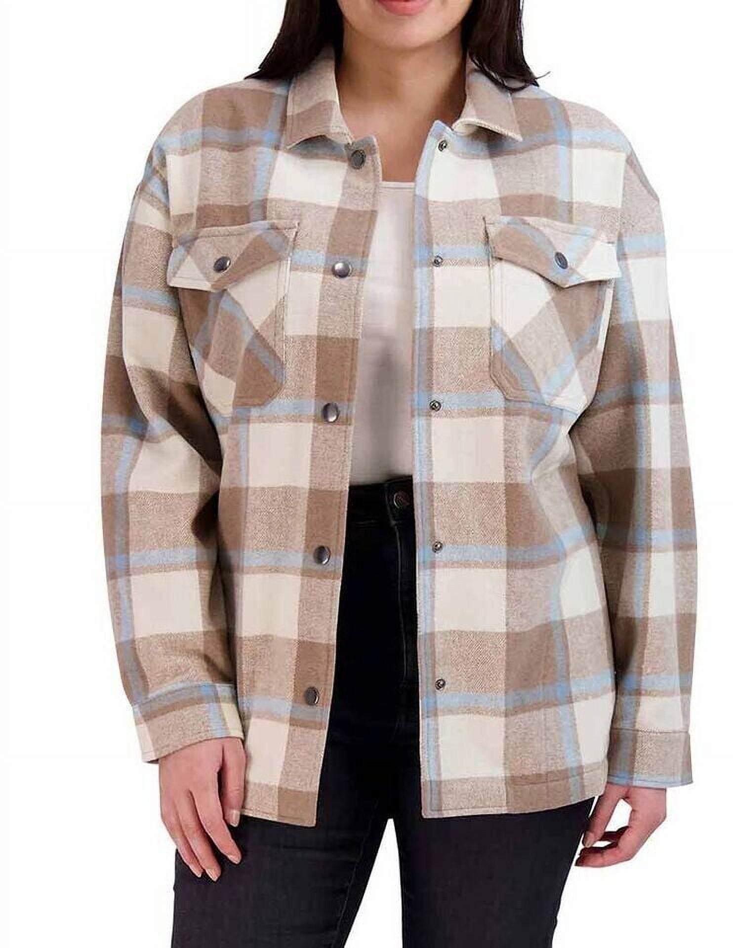 HFX Flannel Shirt Jacket Women's Plaid Neutral Relaxed Fit Warm Shell ...