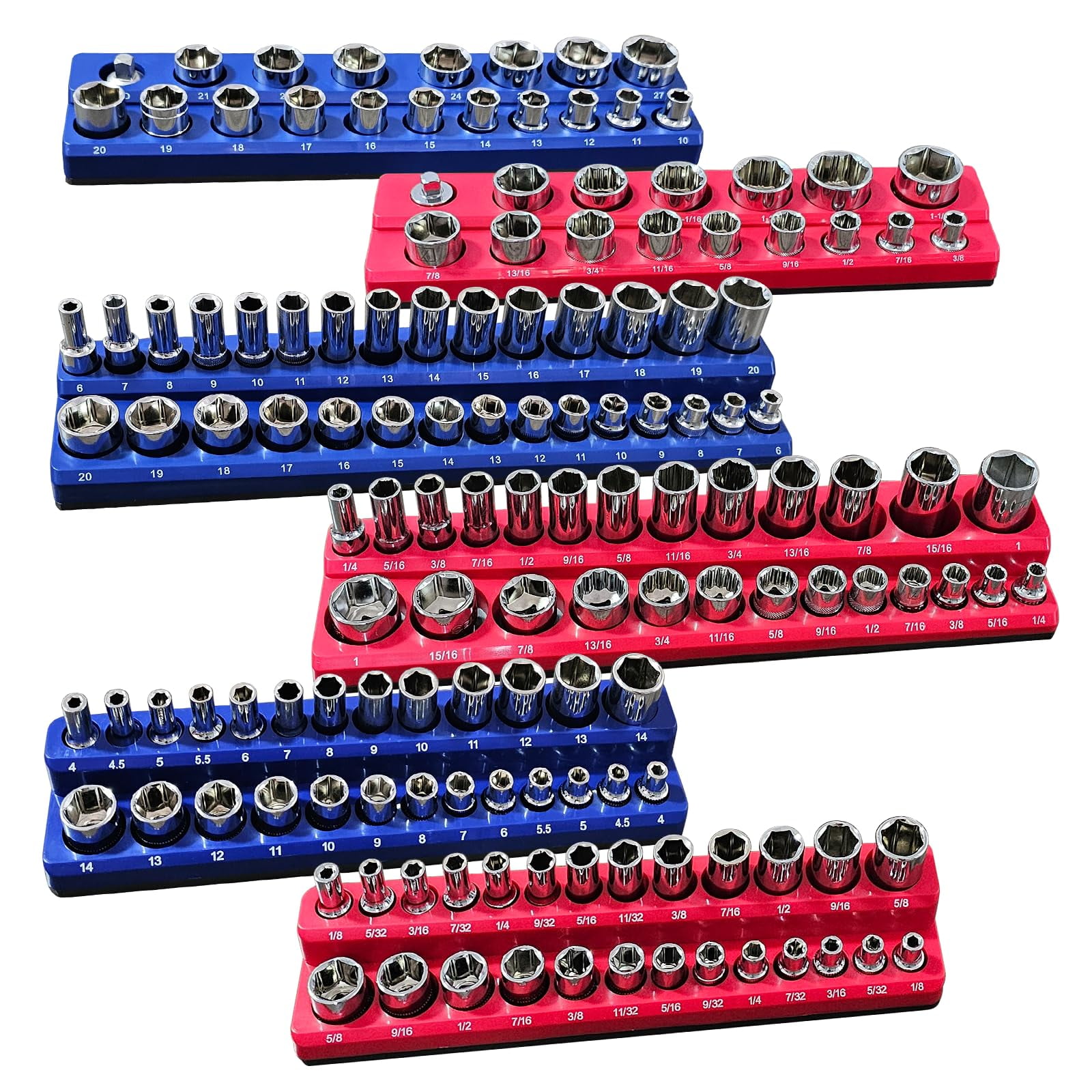 HGSKEO Magnetic Socket Organizer Set, 6 Pcs Red SAE and Blue Metric ...