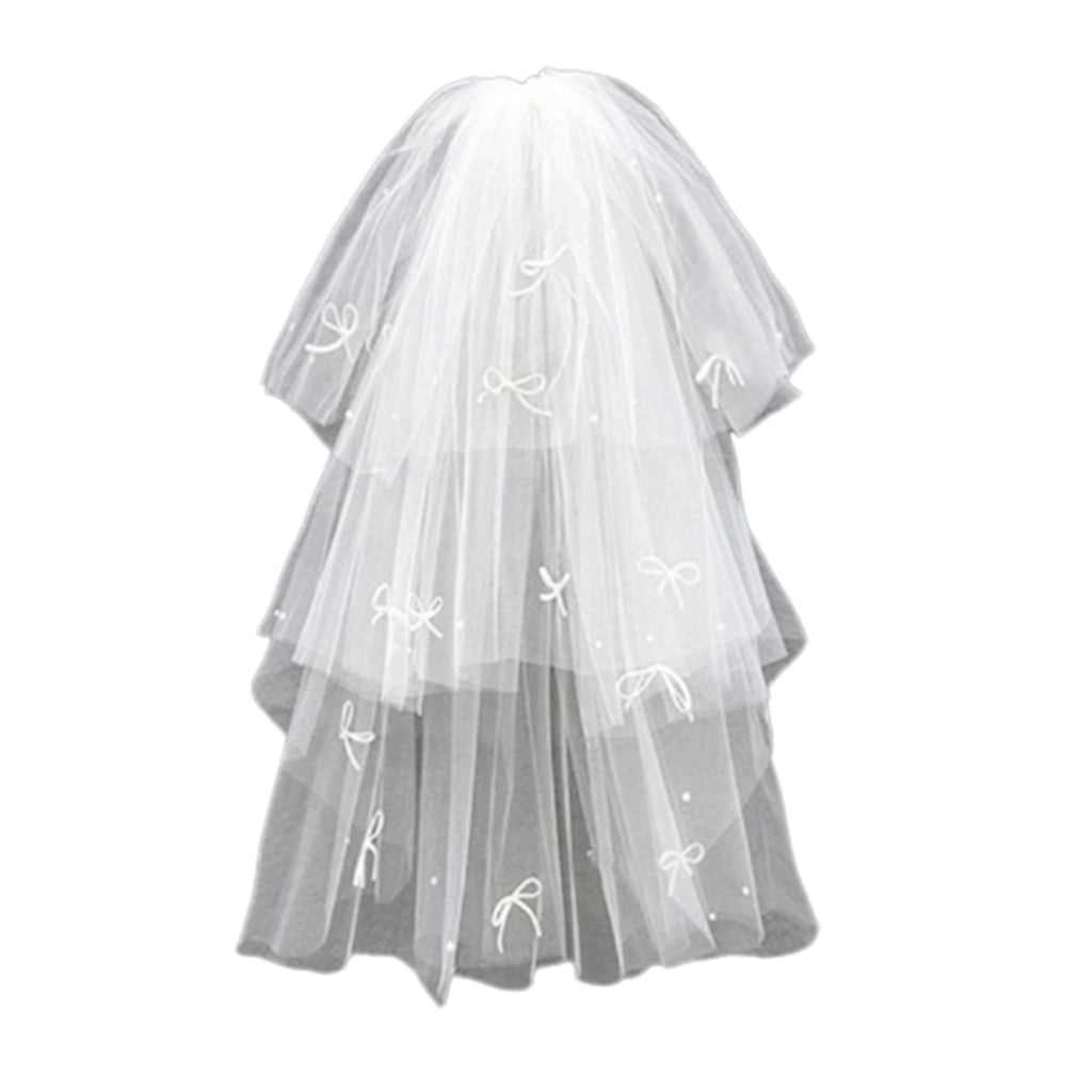 HGYCPP Bridal Veil Bride Elaborate Pearls Beaded Bowknot Short ...
