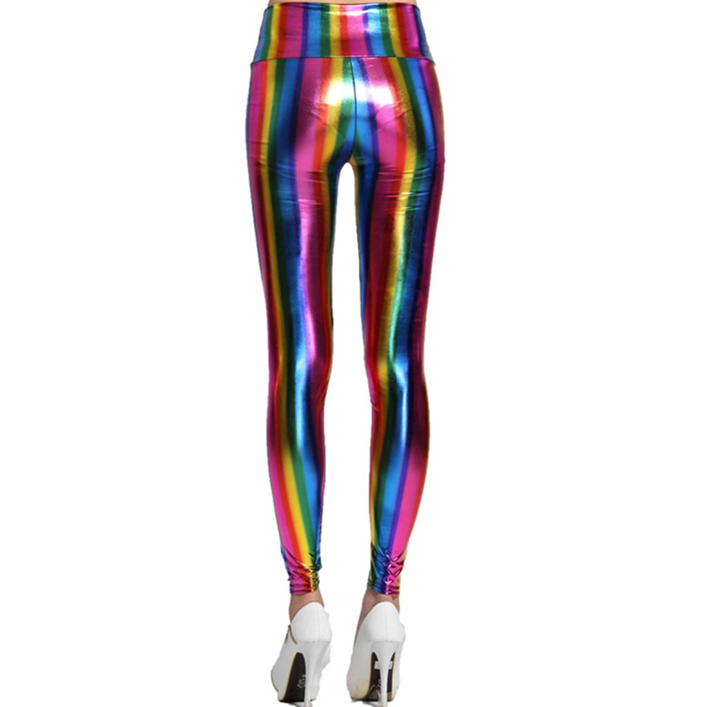 HGYCPP Womens Hologram Metallic Rainbow Leggings Glitter Neon Tights ...
