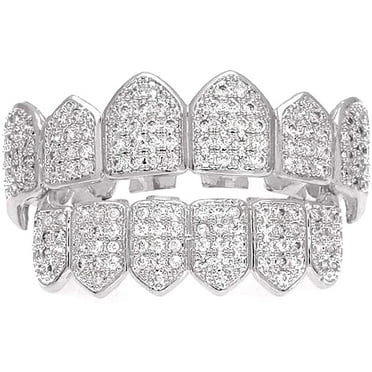 Saintda Real Mouth Diamond Tooth Grillz Set, Top & Bottom, Silver, AAA ...