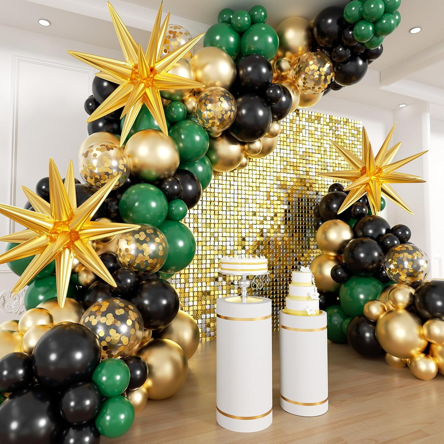 HH Green and Gold Black Balloon Arch Kit, 201Pcs Explosion Star Emerald ...