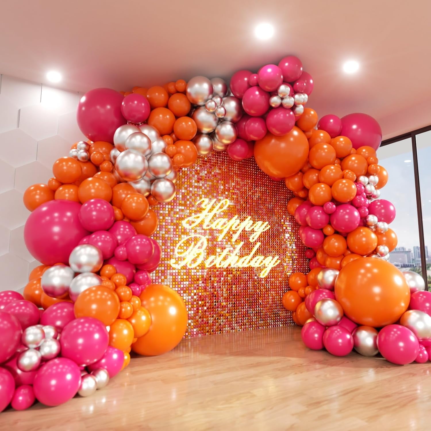 HH Pink and Orange Balloon Arch Kit, 180Pcs Hot Pink Orange Metallic ...