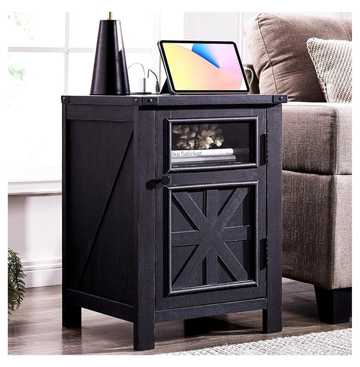 HHBEAUTY Farmhouse Nightstand with Barn Door and Shelf, Side Table ...