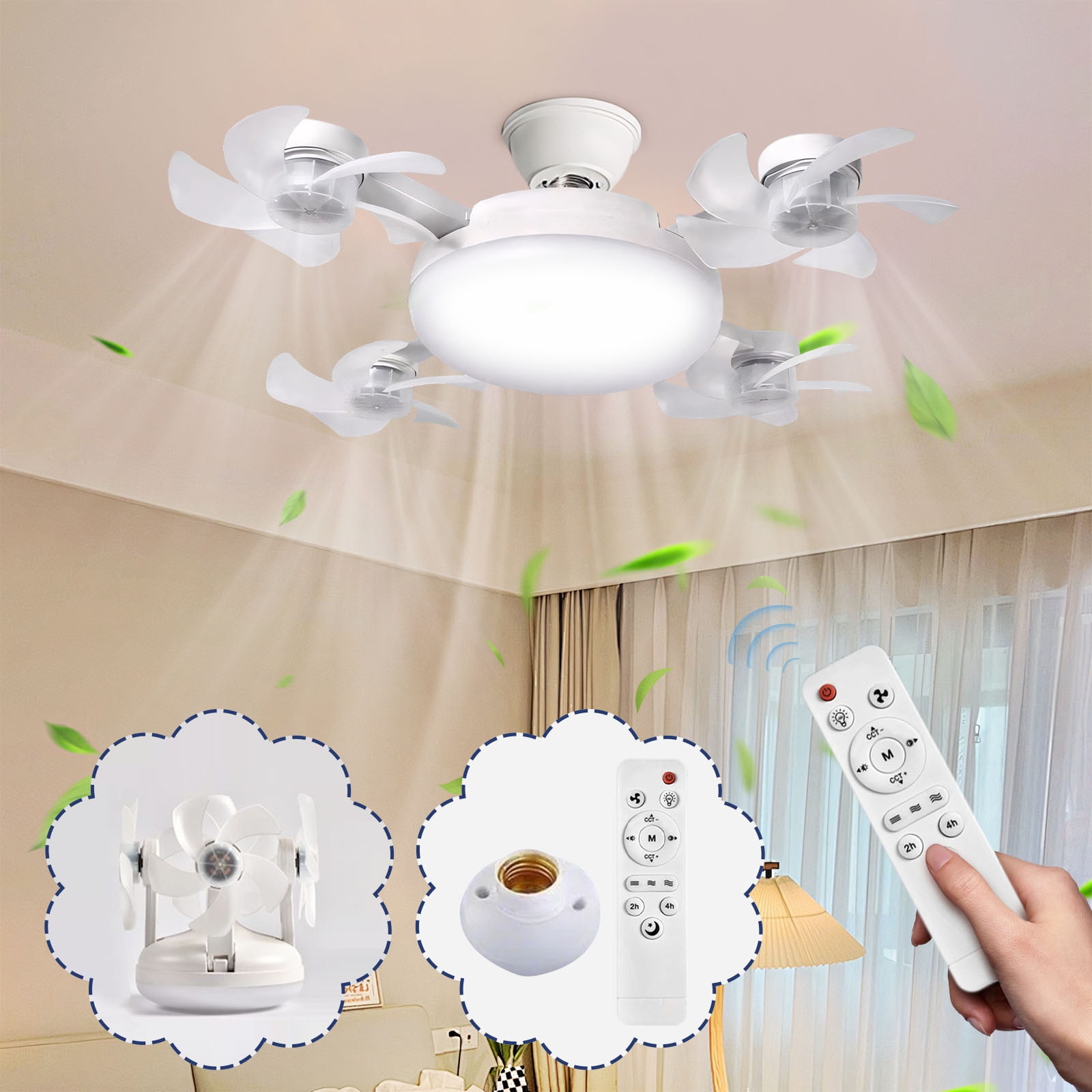 HHBEAUTY Socket Fan Light, Screw in Ceiling Fan with Remote Control ...