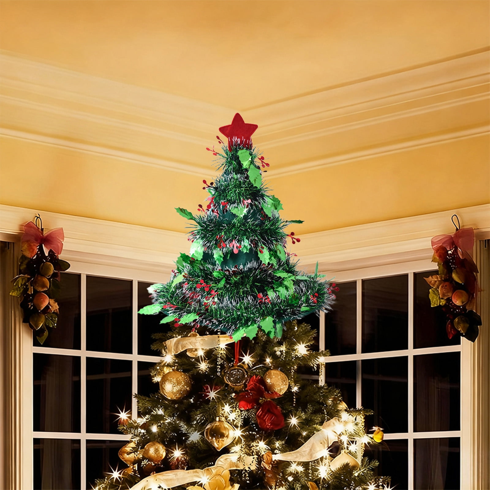 HHGBAD Festive Santa Hat Tree Topper, All-in-One Christmas Star ...