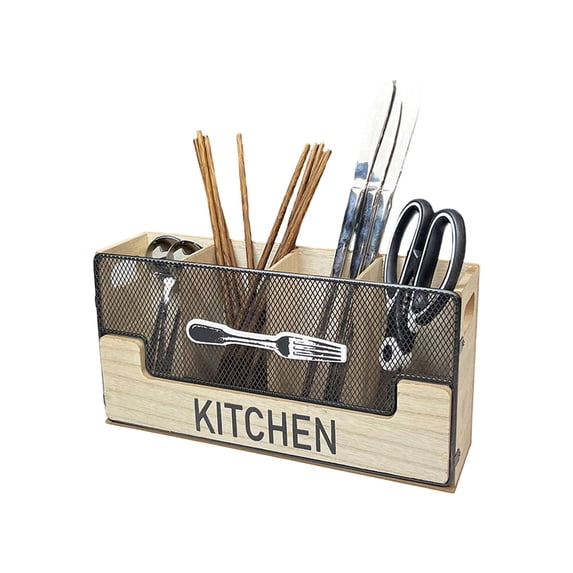 HHGBAD Wooden Utensil Caddy, 4 Compartment Cutlery Organizer, Keeps ...
