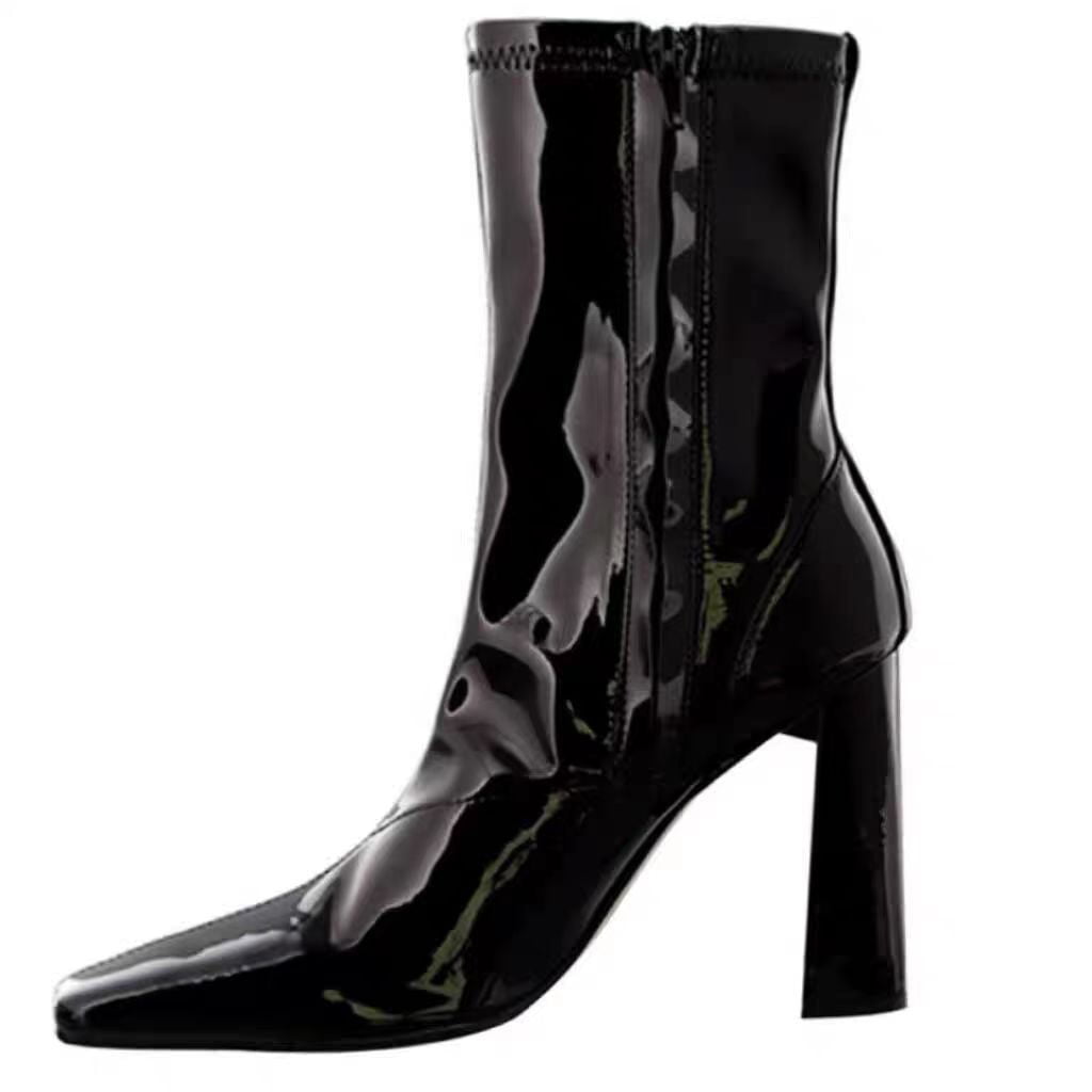 HHH 2024 New Autumn Patent Leather Short Boots Women's Black High Heels ...