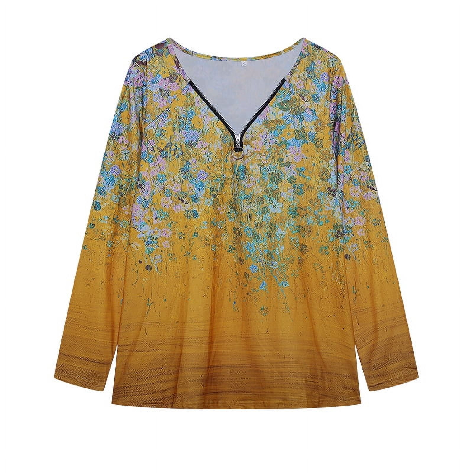 HHH 2024 Women's Clothing Small Floral V-neck Long-Sleeve Zipper Top T ...