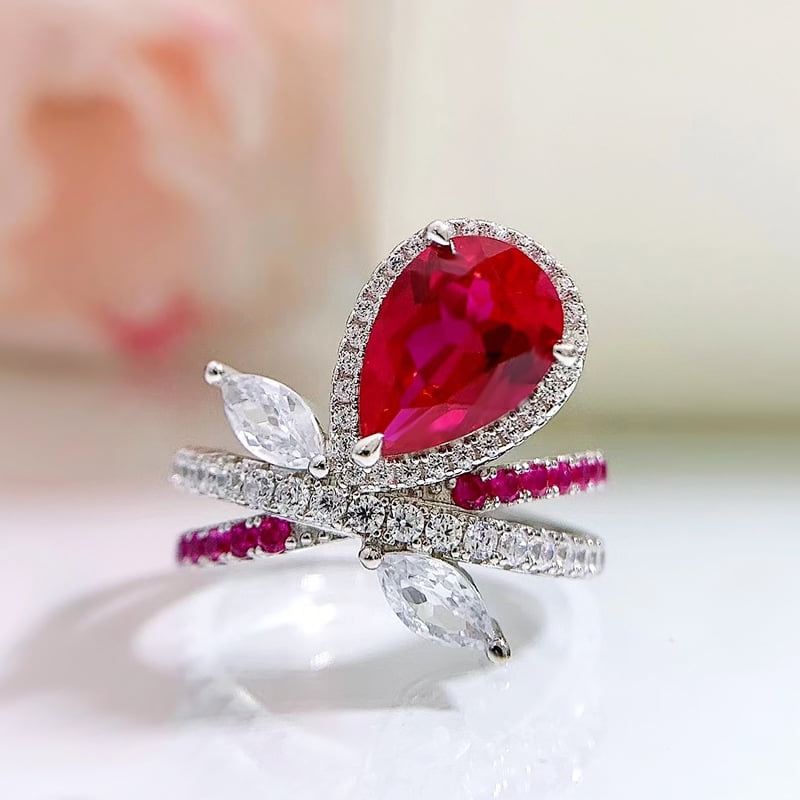 HHH 2025 New 925 Silver 7*10 Drop-Shaped Ring Female Red Sapphire Ring ...