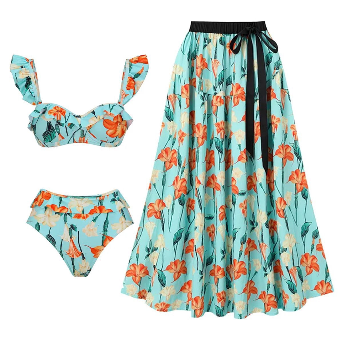 HHH 2025 New Bikini Mini Flounced Sleeve Petunia Elegant Retro Split ...