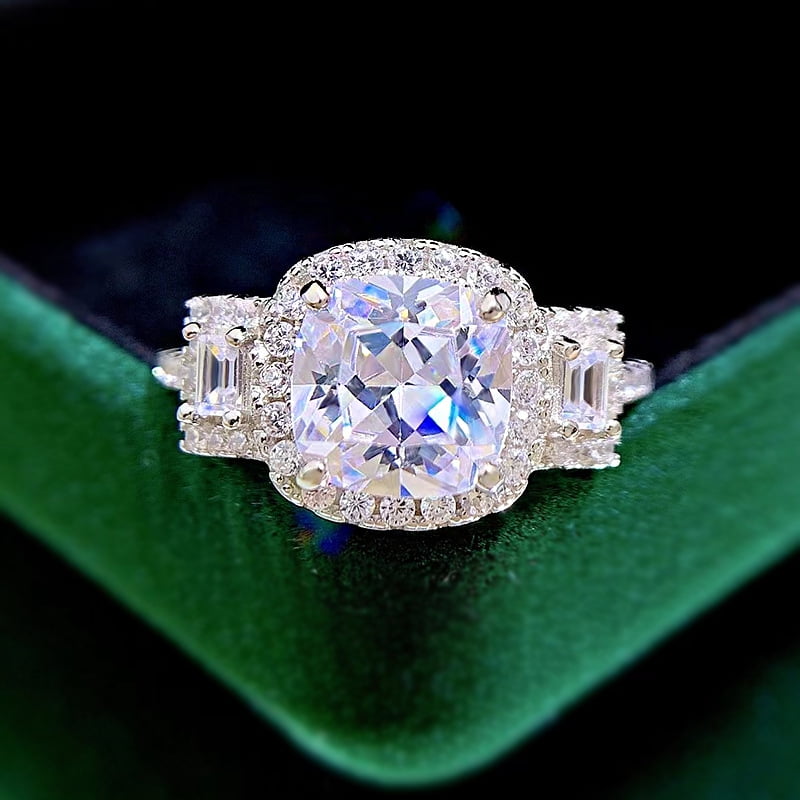 HHH 2025 New S925 Silver Halo Top Square Cut Three Stone Engagement Ring Square Diamond Ring ...