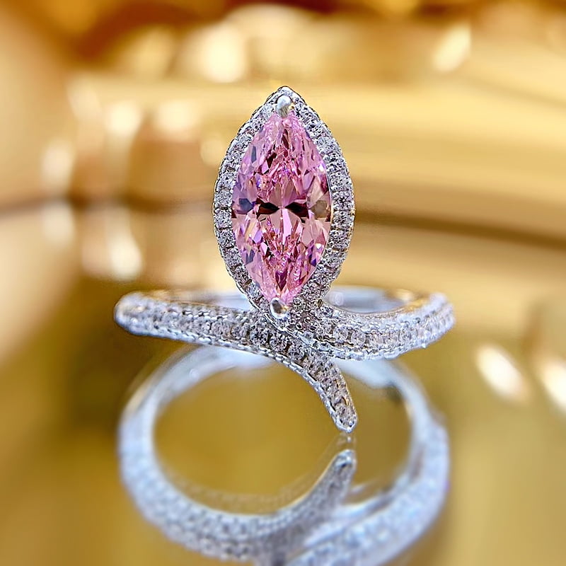 HHH 2025 New S925 Silver High Carbon Diamond Pink Diamond 5*10 Horse Eye Ring Female Ins Pop ...