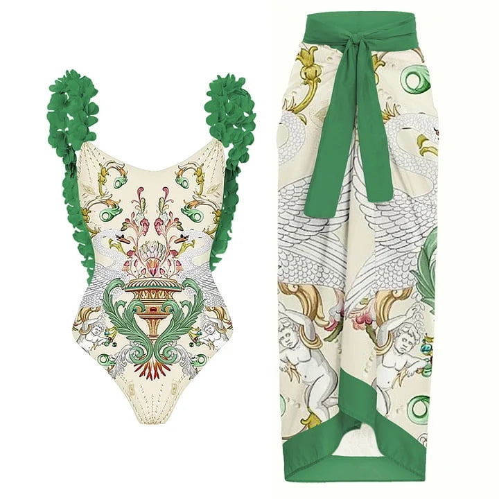 HHH 2025 One-Piece Swimsuit Green Applique Backless Sexy Swimsuit Suit ...
