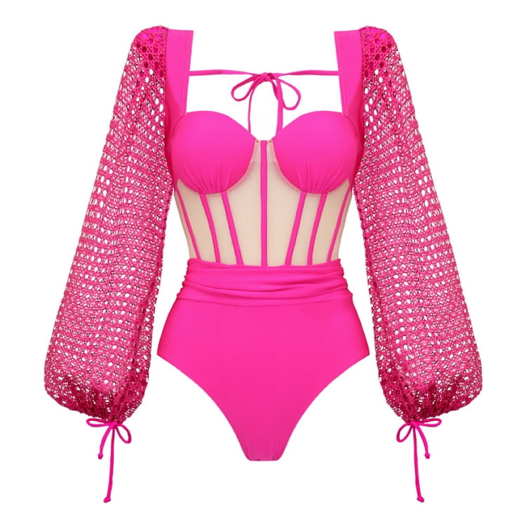 HHH 2025 Swimwear New Fluorescent Rose Red Mesh Fishbone Backless Long ...