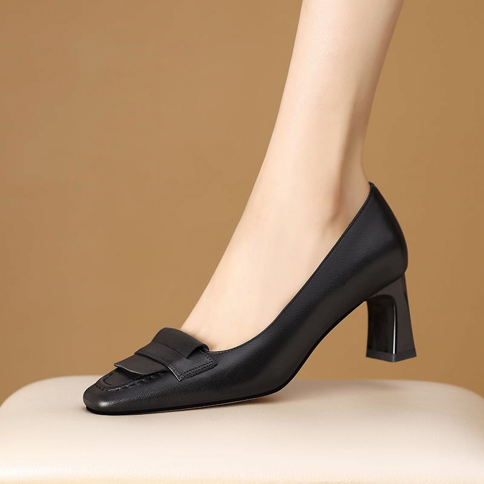 HHH Black Chunky Heel Pumps Women's Spring 2024 New Mid Heel Square Toe ...