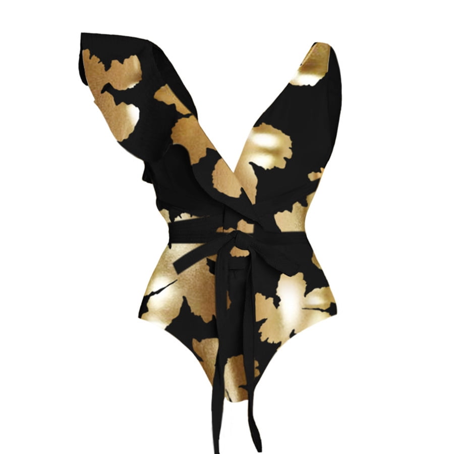 HHH Bronzing Fabric Swimsuit Suit Women's Popular Deep V Ruffled ...