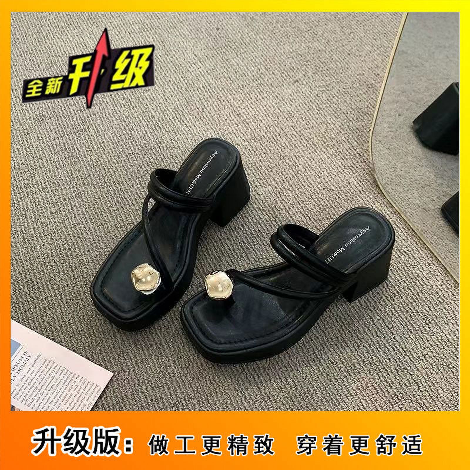 HHH Fairy Style Chunky Heel Toe Covering Flip-Flops Women's 2024 New ...