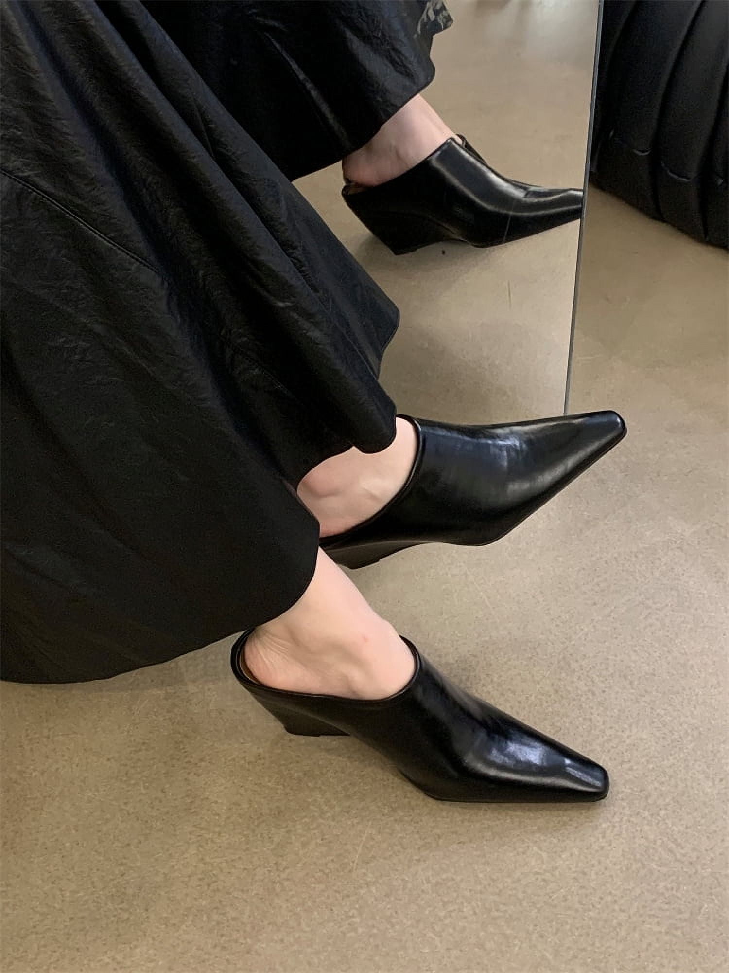 HHH Half Slippers Women's Soft Leather Square Toe Wedge High Heel ...