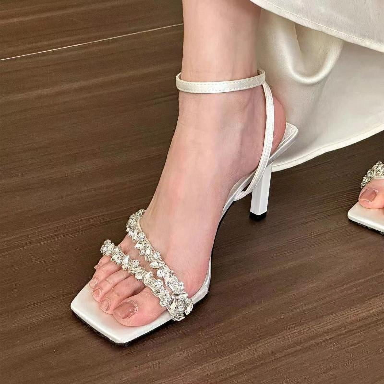 HHH High-Grade White Rhinestone Strap Square Toe High Heel Sandals ...