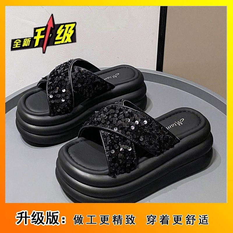 HHH Internet Celebrity Super Hot Platform Sponge Cake Slipper Sequined ...
