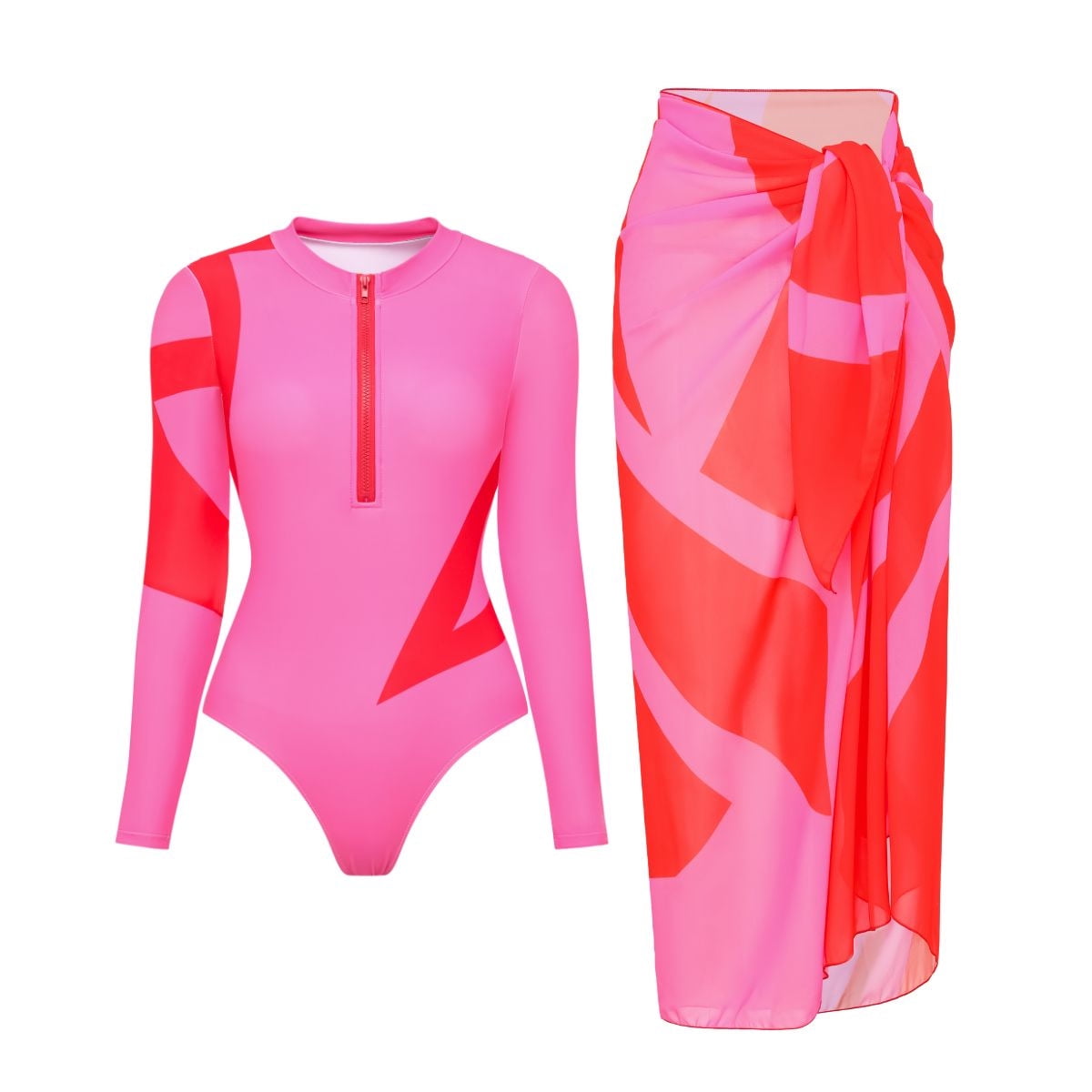 HHH Long Sleeve Color Matching Beach Surfing Suit One-Piece Swimsuit ...