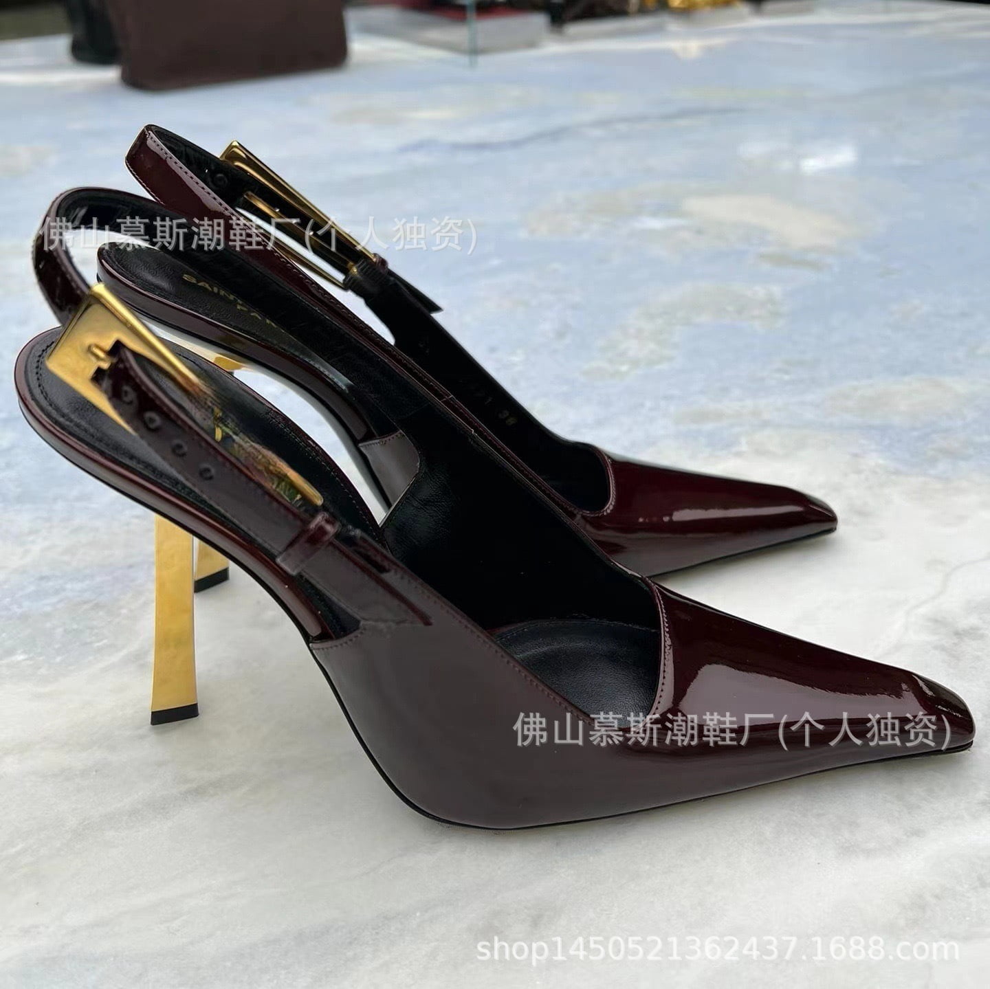 HHH New Small Gold Bar High Heels Pointed Toe Slingback Shallow Mouth ...