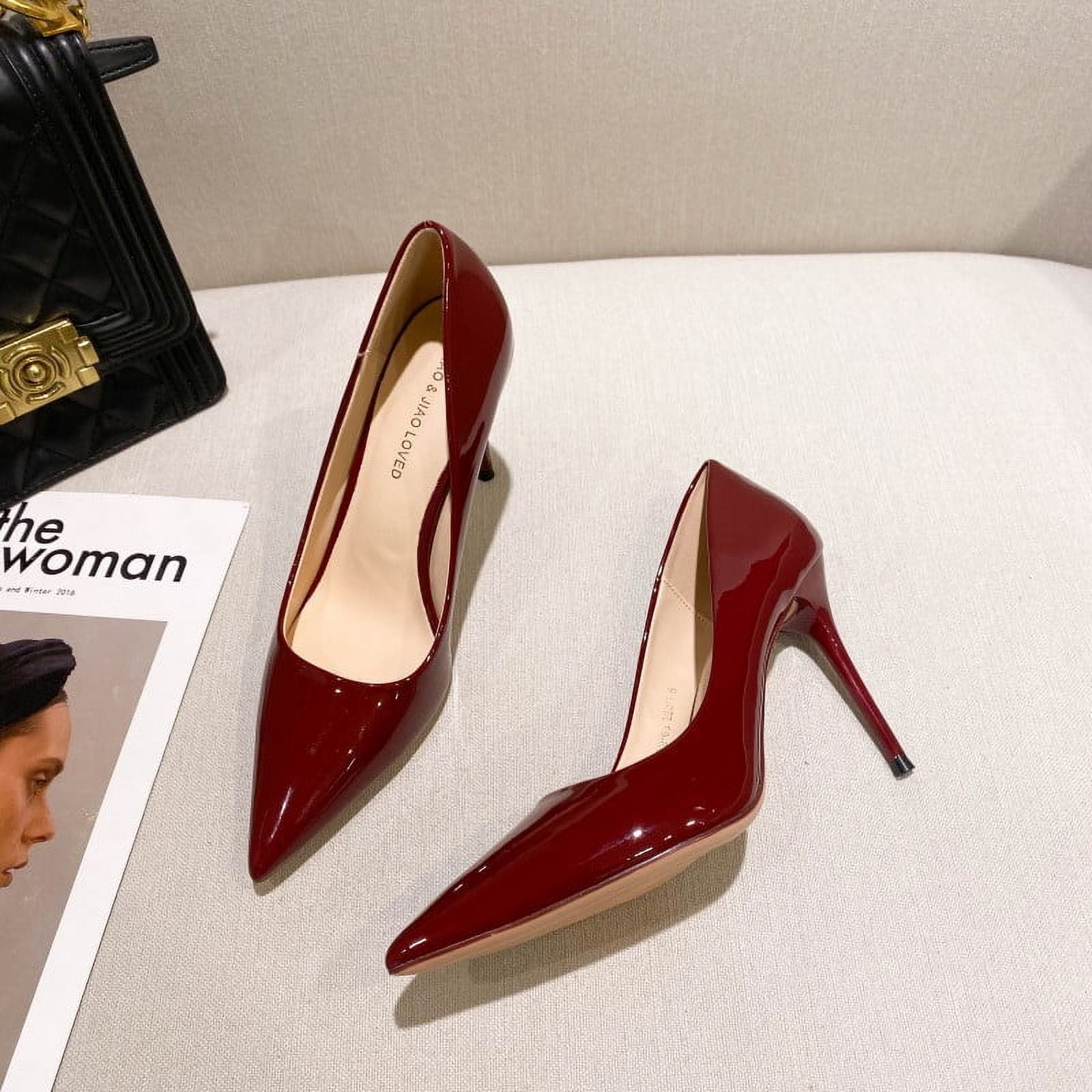 HHH Pointed Toe Wine Red Stiletto Heel Elegant High Heel Low-Cut Patent ...