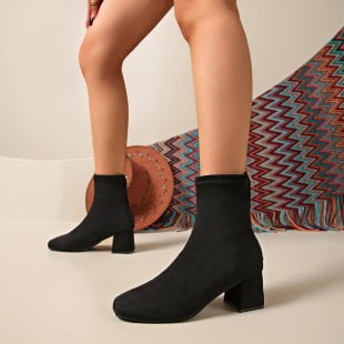 HHH Retro Square Toe Booties Minimalist Style Fashion Boots Stretch ...