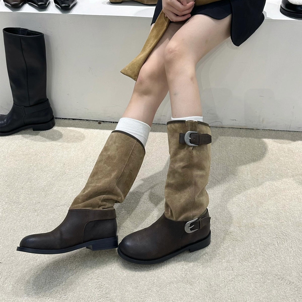 HHH Same Style Retro below the Knee Long Boots Female Stitching Ruffle Pile Style Boots round ...