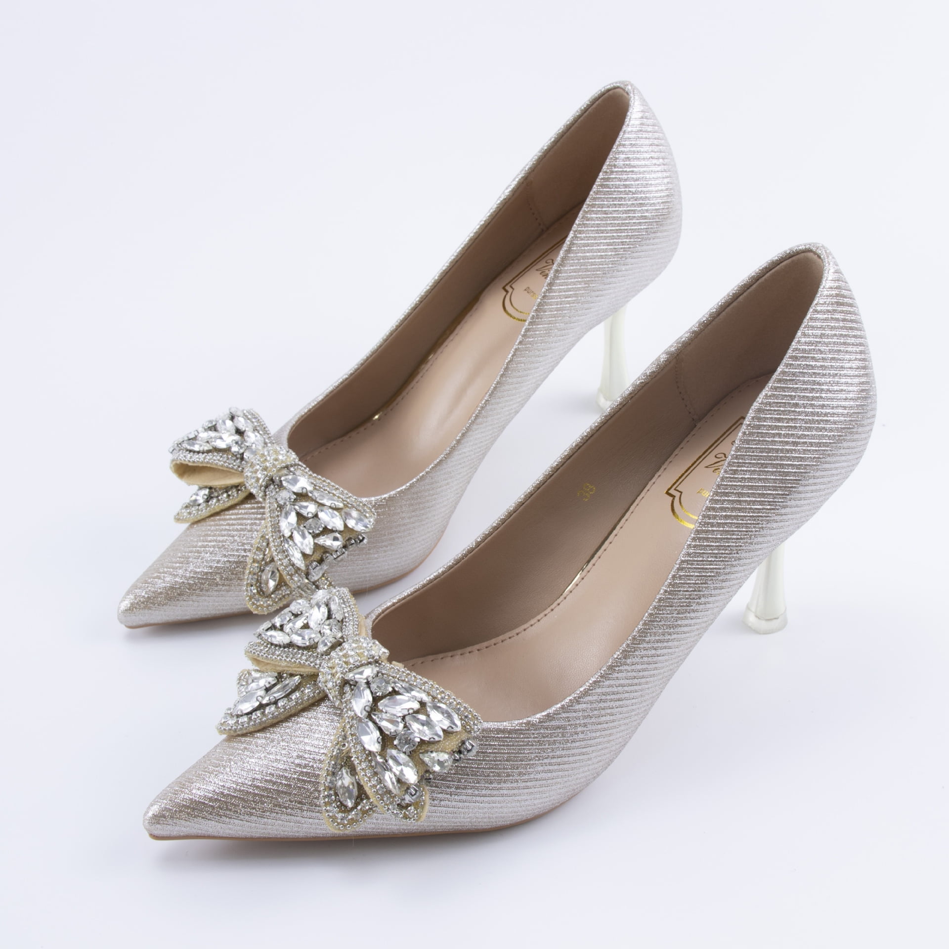 HHH Stiletto Heel High-Grade Rhinestone Bow Pointed Toe Low-Cut Shoes ...