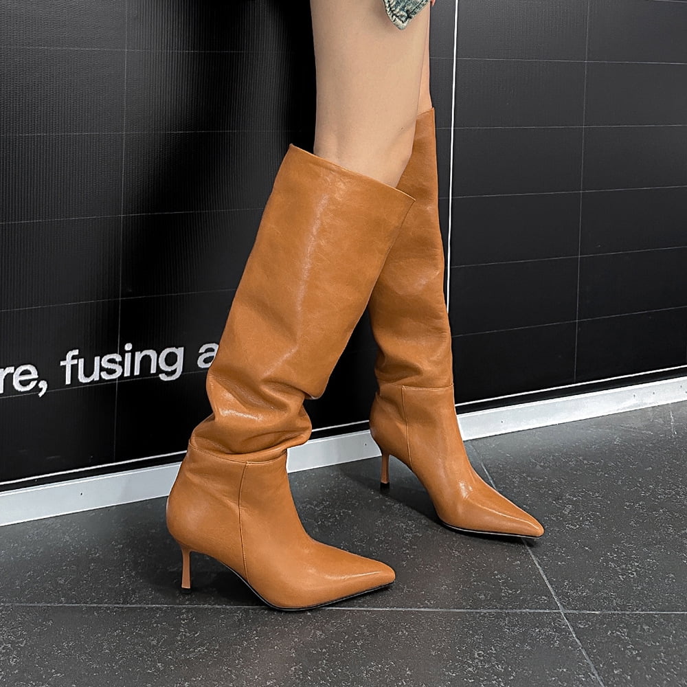 HHH Wind Pointed Toe Stiletto Heel Cowhide High Leg Boot New Sleeve ...