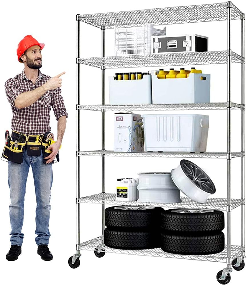 HHS 6 Tier Wire Storage Metal Shelves With Wheels Rack Shelf Shelving Unit 48 x 18 82(2100LBS ...