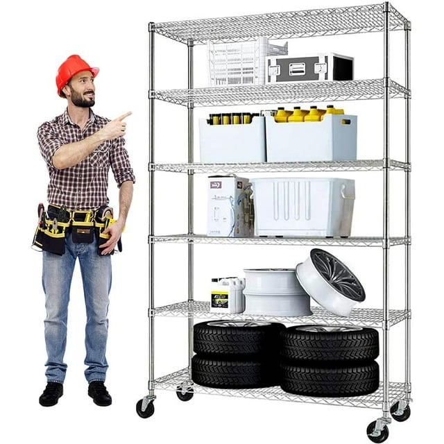 HHS 6 Tier Wire Storage Metal Shelves With Wheels Rack Shelf Shelving ...