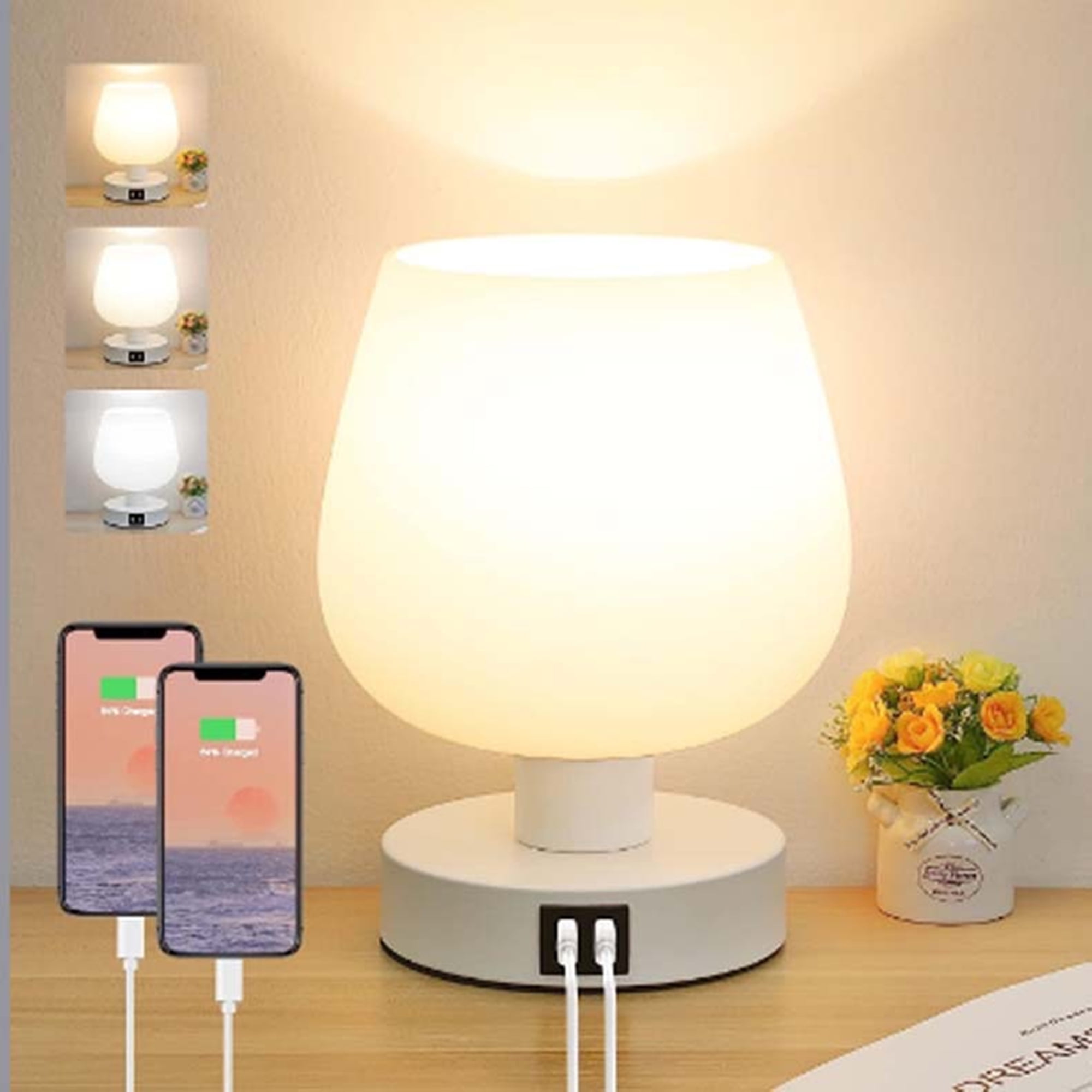 HHY Bedside Lamp Modern Small Lamp Glass Lamp for Bedroom 3-Way Dimable ...