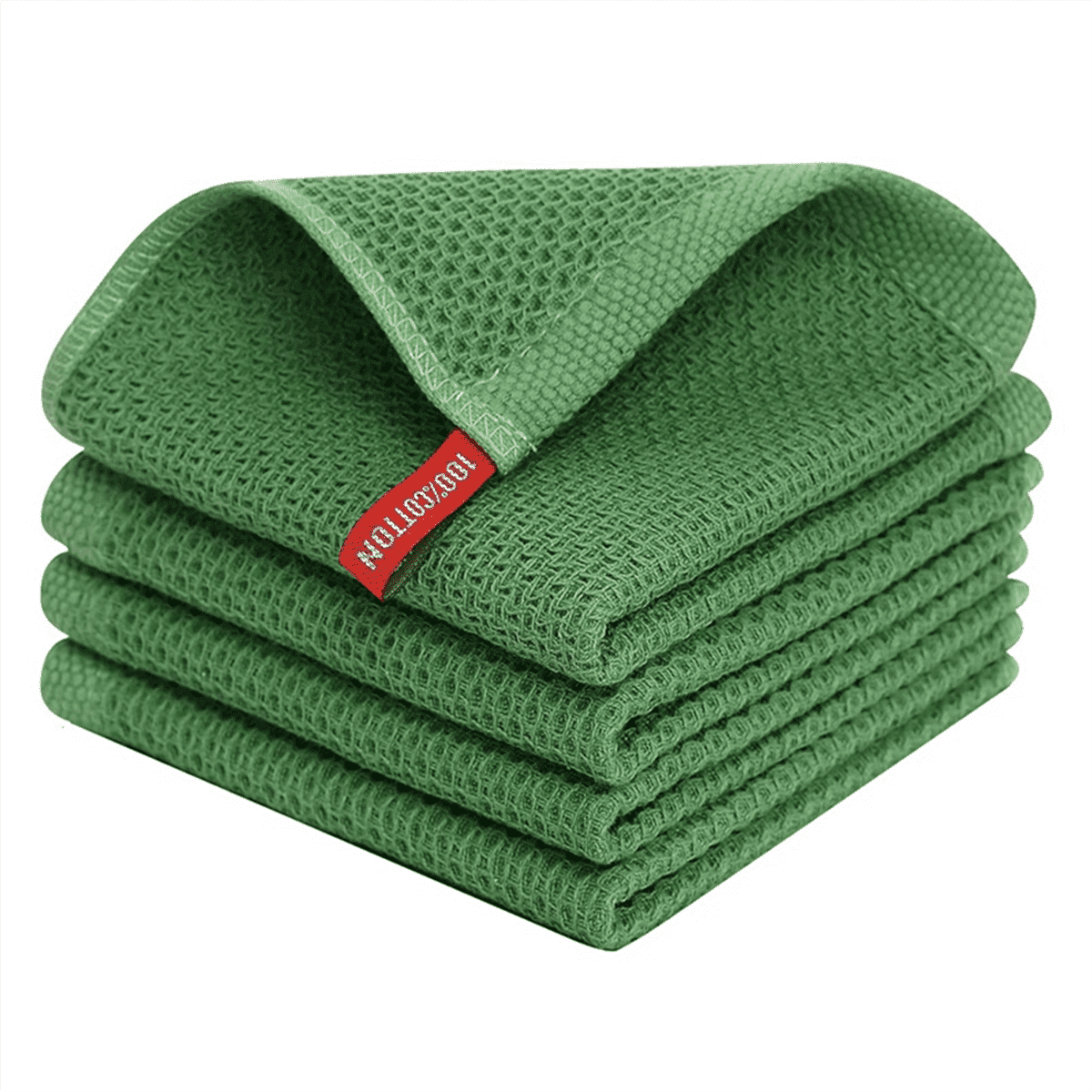 HHY Cotton Waffle-Weave Green Kitchen Dish Cloths, 13.3" x 13.3" Quick ...